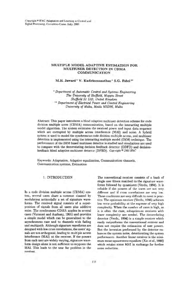 Pdf Multiple Model Adaptive Estimation For Multiuser Detection In