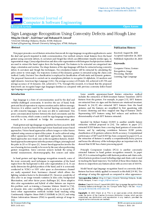 (PDF) Sign Language Recognition Using Convexity Defects and Hough Line