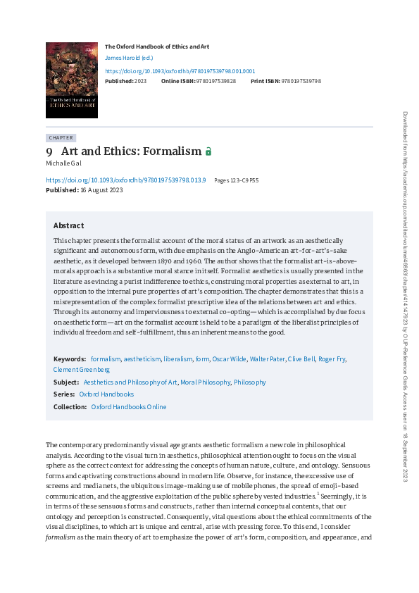 (PDF) Art and Ethics: Formalism, in James Harold (ed.), The Oxford ...