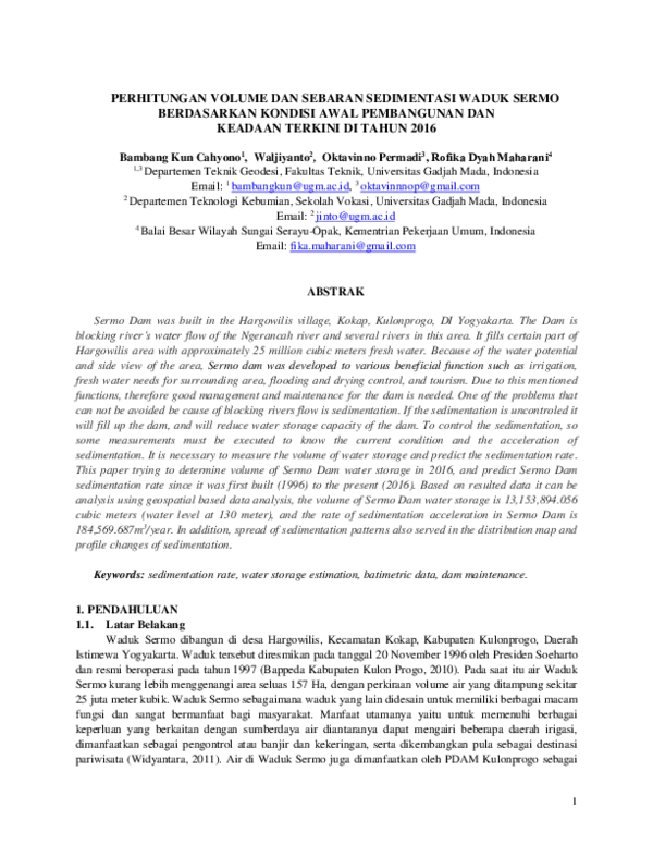 (PDF) Perhitungan Volume dan Sebaran Sedimentasi Waduk Sermo Berdasarkan Kondisi Awal ...
