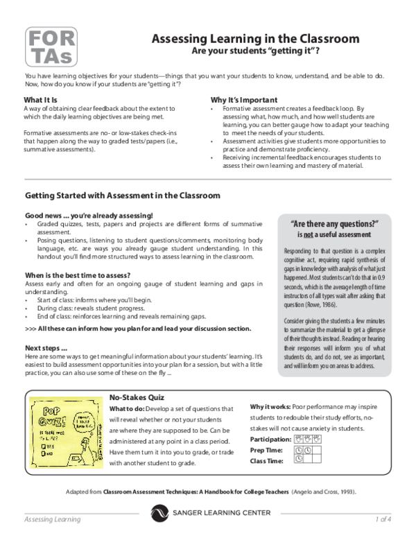 (PDF) Assessing learning in the classroom