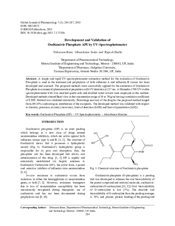 Pdf Development And Validation Of Rp Hplc Method For The Determination Of Oseltamivir Phosphate Api