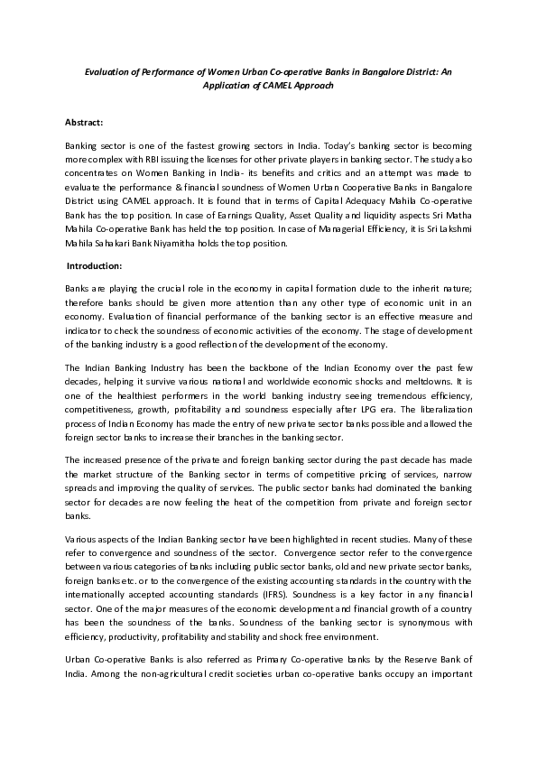 (PDF) Evaluation of Performance of Women Urban Co-Operative Banks in ...