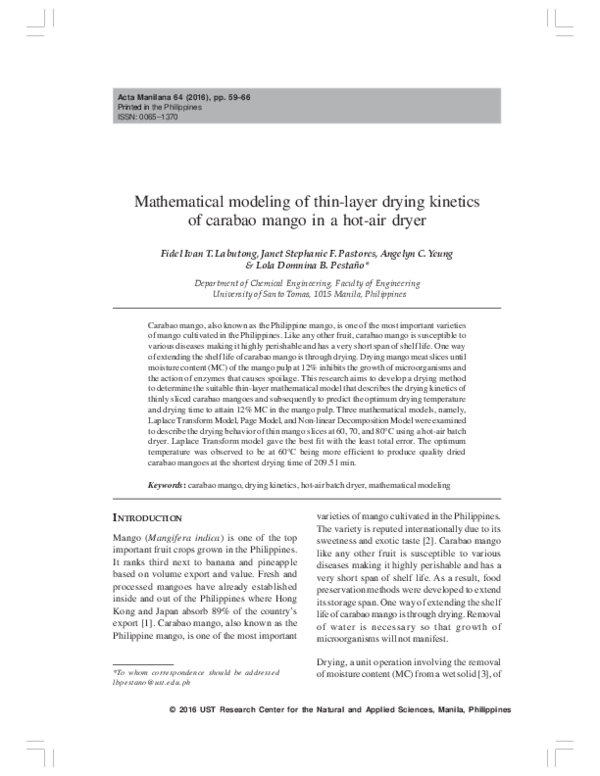 (PDF) Mathematical modeling of thin-layer drying kinetics of carabao mango in a hot-air dryer