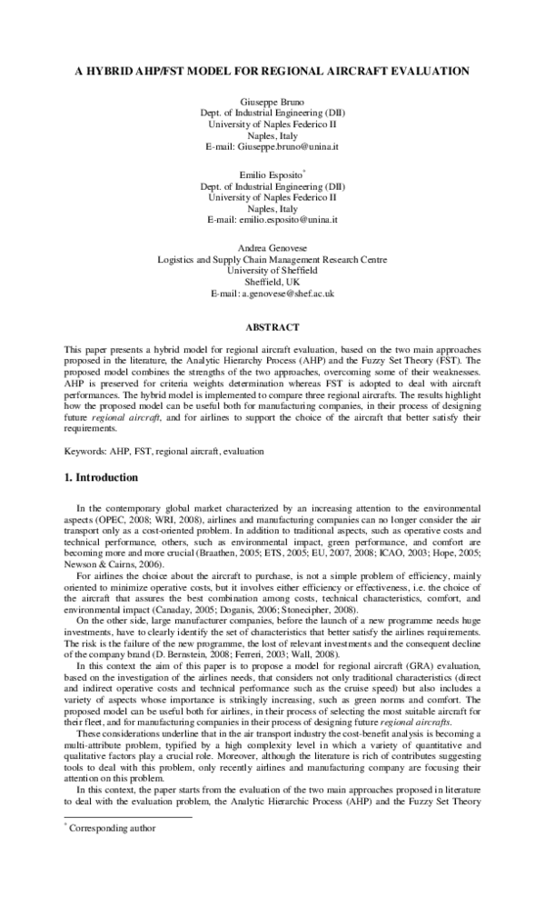 (PDF) A Hybrid AHP/FST Model for Regional Aircraft Evaluation