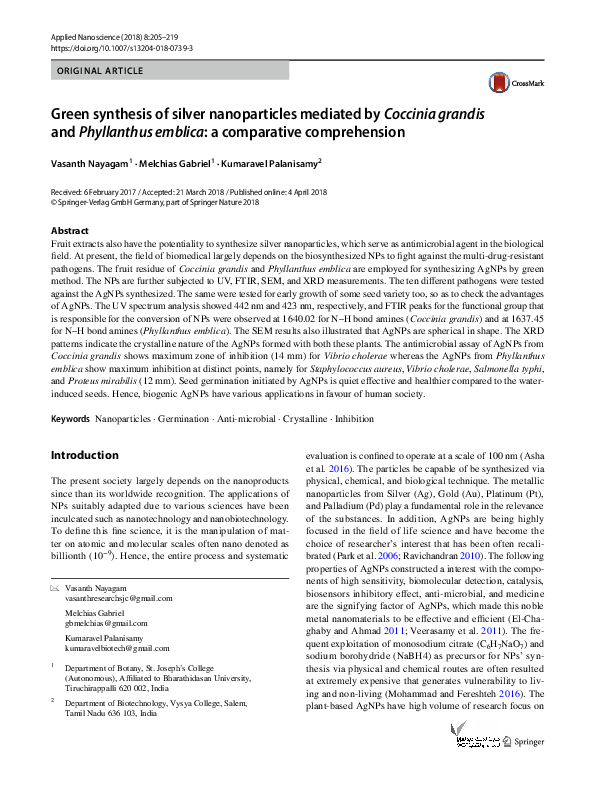 (PDF) Green synthesis of silver nanoparticles mediated by Coccinia grandis and Phyllanthus ...