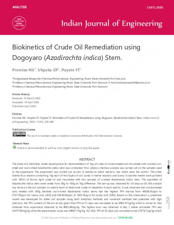 (PDF) Biokinetics of Crude Oil Remediation using Dogoyaro (Azadirachta ...
