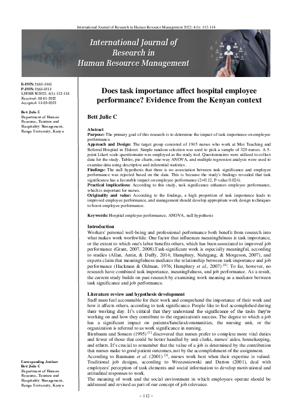 (PDF) Does task importance affect hospital employee performance? Evidence from the Kenyan context