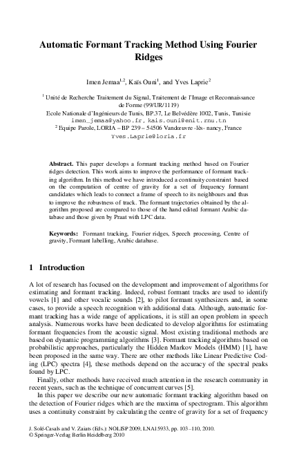 (PDF) Automatic Formant Tracking Method Using Fourier Ridges