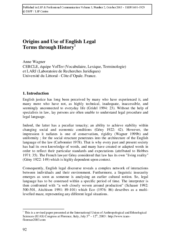 (PDF) Origins and use of English legal terms through history