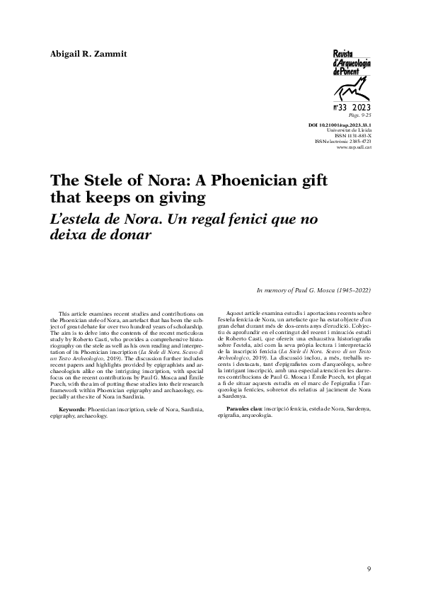 (PDF) The Stele of Nora: A Phoenician gift that keeps on giving / L ...