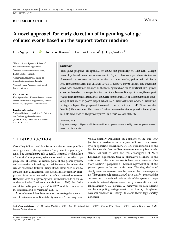 Pdf A Novel Approach For Early Detection Of Impending Voltage Collapse Events Based On The