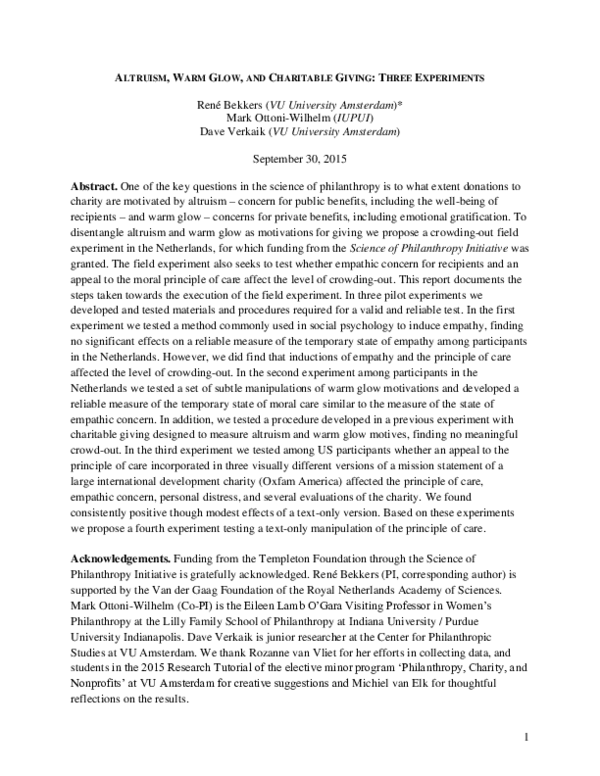 (PDF) Altruism, warm glow, and charitable giving: Three experiments