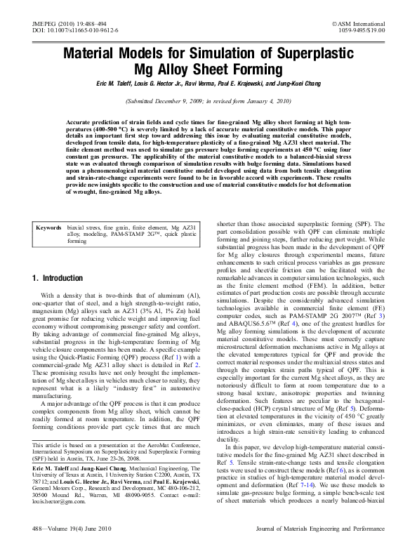 (PDF) Material Models for Simulation of Superplastic Mg Alloy Sheet Forming | Paul Krajewski ...