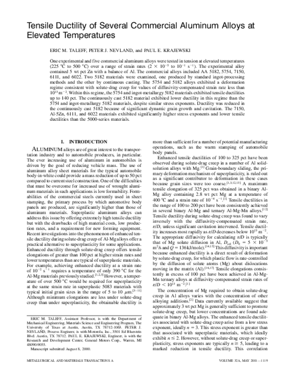 (PDF) Tensile ductility of several commercial aluminum alloys at elevated temperatures