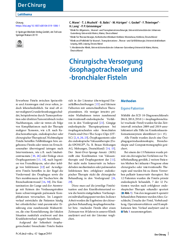 (PDF) Chirurgische Versorgung ösophagotrachealer und -bronchialer Fisteln