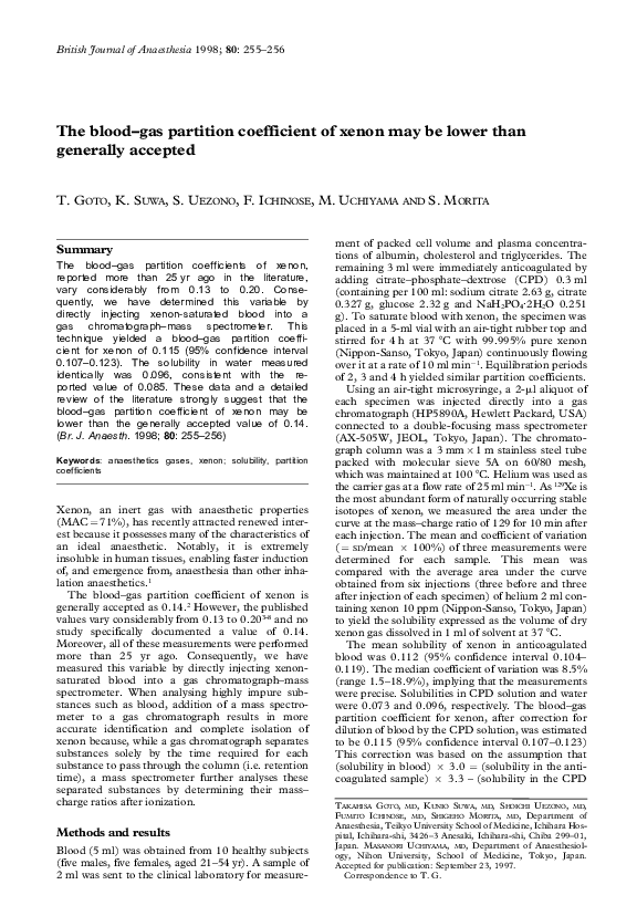 (PDF) The blood-gas partition coefficient of xenon may be lower than ...