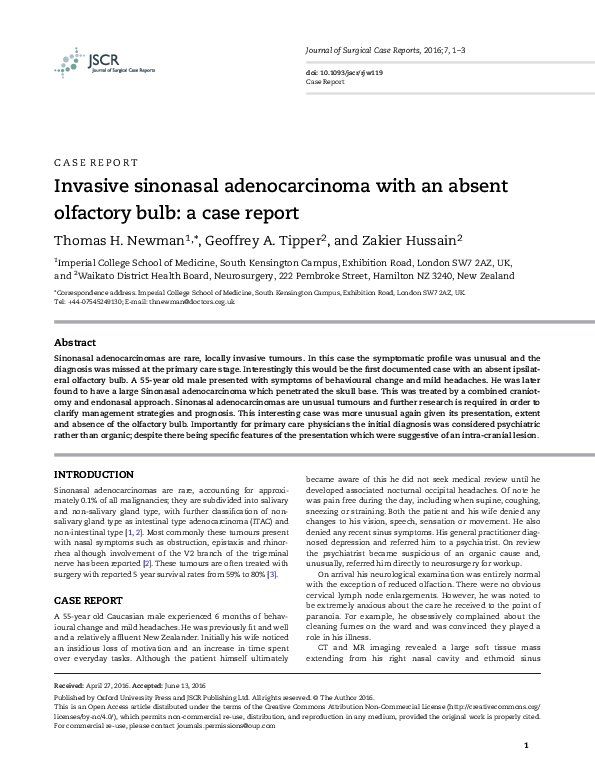 (PDF) Invasive sinonasal adenocarcinoma with an absent olfactory bulb ...