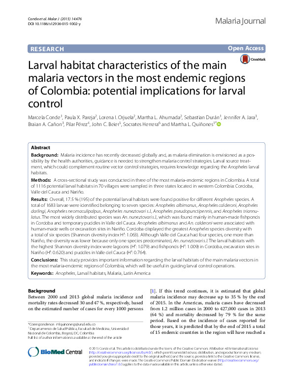(PDF) Larval habitat characteristics of the main malaria vectors in the most endemic regions of ...
