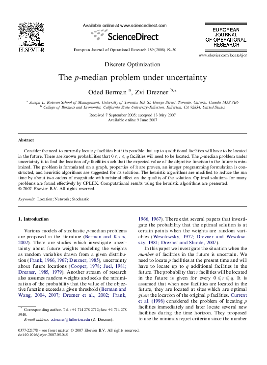 (PDF) The p-median problem under uncertainty