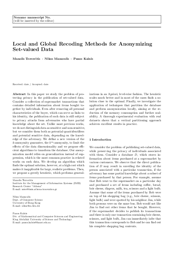 (PDF) Local and global recoding methods for anonymizing set-valued data | Manolis Terrovitis ...