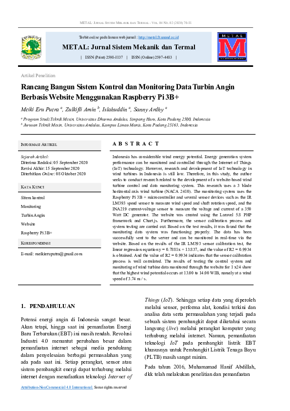 Pdf Rancang Bangun Sistem Kontrol Dan Monitoring Data Turbin Angin Berbasis Website