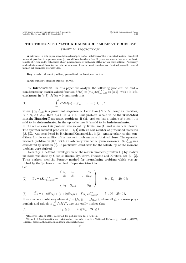 (PDF) The truncated matrix Hausdorff moment problem