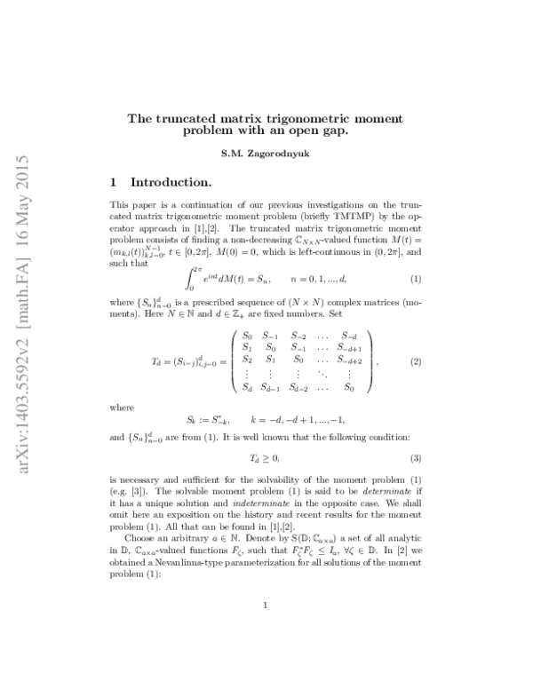 (PDF) The truncated matrix trigonometric moment problem with an open gap