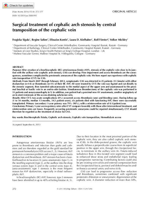 (PDF) Surgical Treatment of Cephalic Arch Stenosis by Central ...
