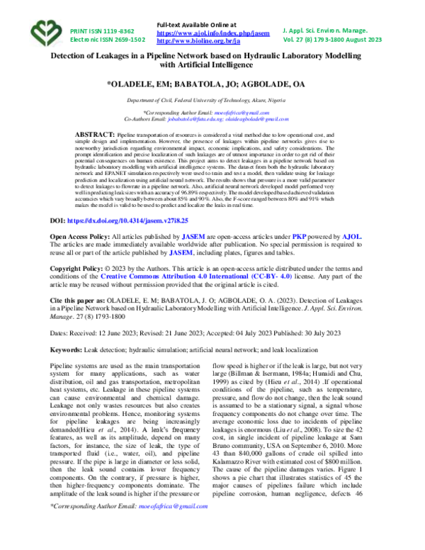 (PDF) Detection of Leakages in a Pipeline Network based on Hydraulic Laboratory Modelling with ...