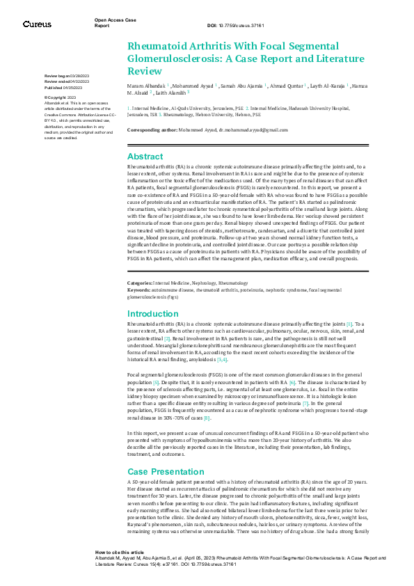 (PDF) Rheumatoid Arthritis With Focal Segmental Glomerulosclerosis: A ...