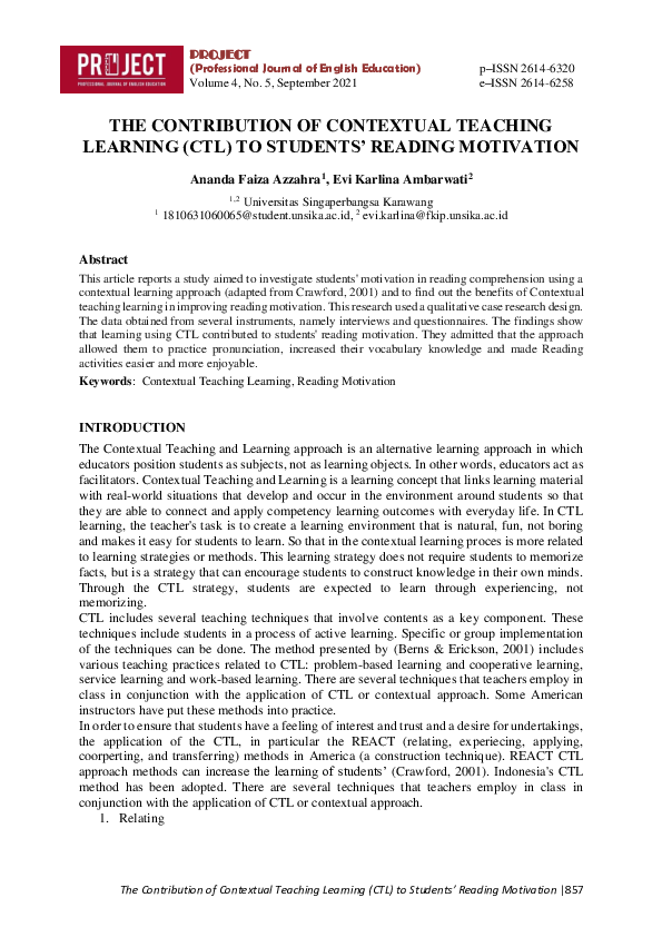 (PDF) The Contribution of Contextual Teaching Learning (CTL) to ...