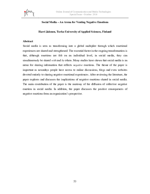 (PDF) Social Media – An Arena for Venting Negative Emotions