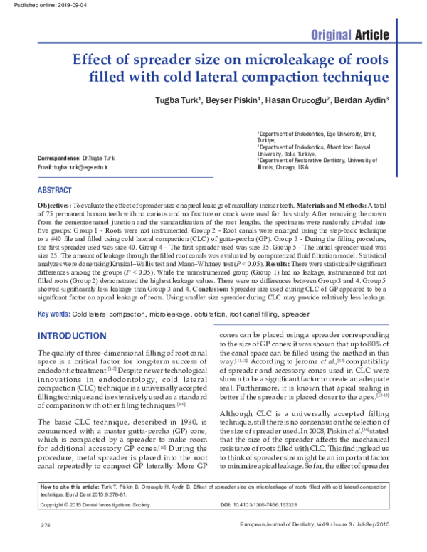 (PDF) Effect of spreader size on microleakage of roots filled with cold ...