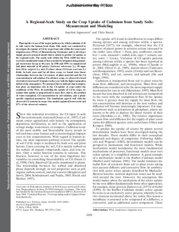 (PDF) A Regional-Scale Study on the Crop Uptake of Cadmium from Sandy Soils | Thilo Streck ...