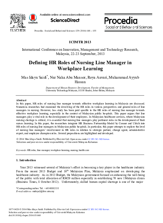 (PDF) Defining HR Roles of Nursing Line Manager in Workplace Learning
