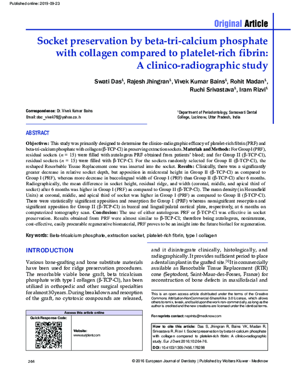 (PDF) Socket preservation by beta-tri-calcium phosphate with collagen ...
