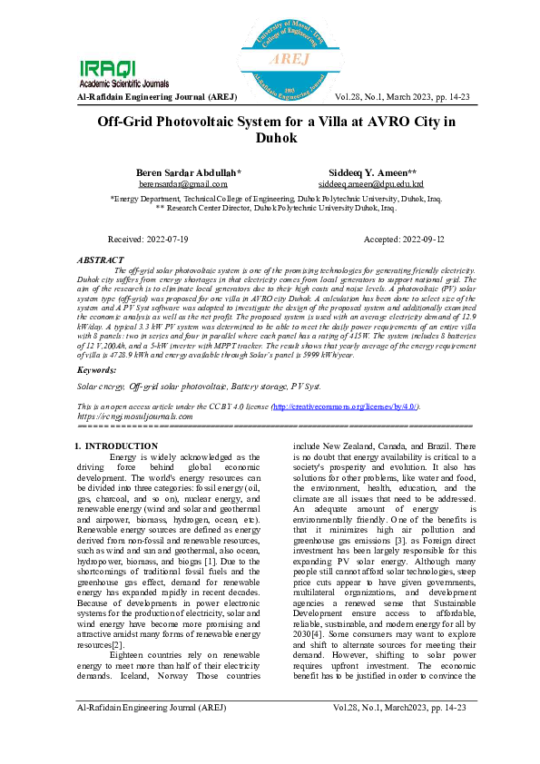 (PDF) Off-Grid Photovoltaic System for a Villa at AVRO City in Duhok