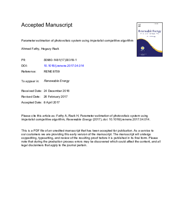 Pdf Parameter Estimation Of Photovoltaic System Using Marine Predators Optimization Algorithm