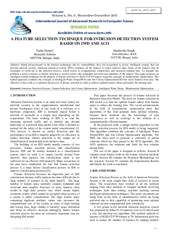 (PDF) A Feature Selection Technique for Intrusion Detection System Based on Iwd and Aco