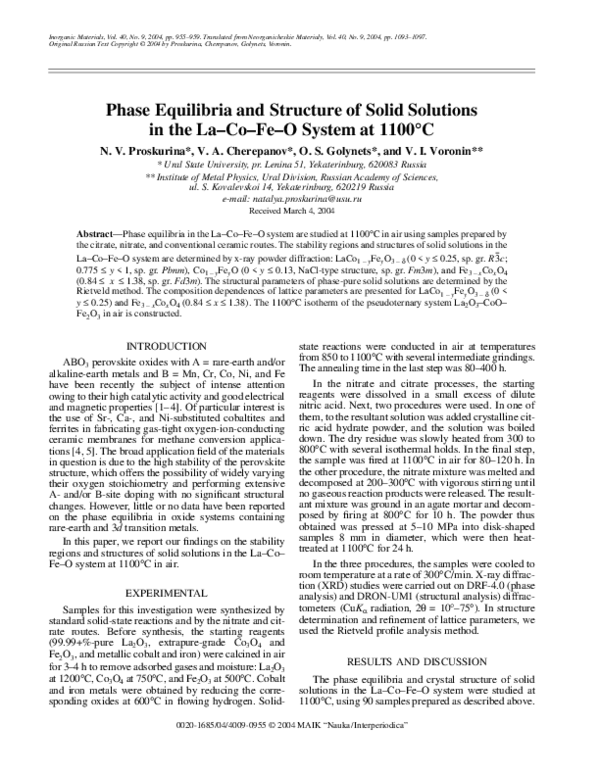 (PDF) Phase equilibria and structure of solid solutions in the La-Co-Fe-O system at 1100 degrees C