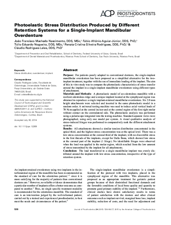 (PDF) Photoelastic Stress Distribution Produced by Different Retention ...