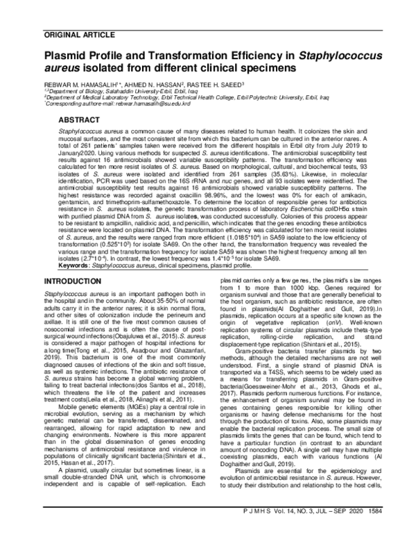 Pdf Plasmid Profile And Transformation Efficiency In Staphylococcus Aureus Isolated From