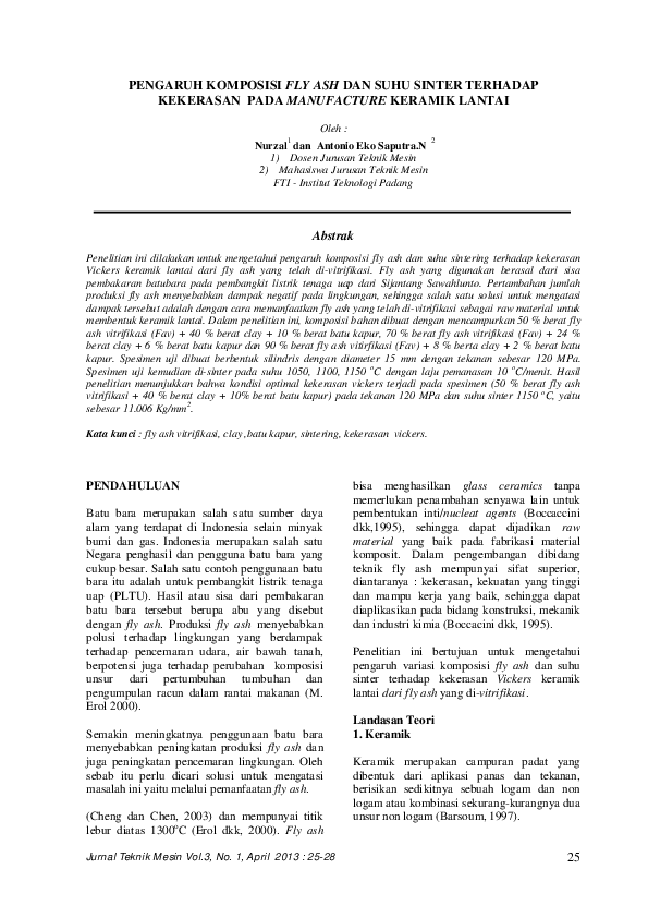 (PDF) Pengaruh Komposisi Fly Ash Dan Suhu Sinter Terhadap Densitas Pada Manufacture Keramik Lantai