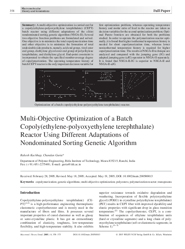 Pdf Multi Objective Optimization Of A Batch Copoly Ethylene Polyoxyethylene Terephthalate