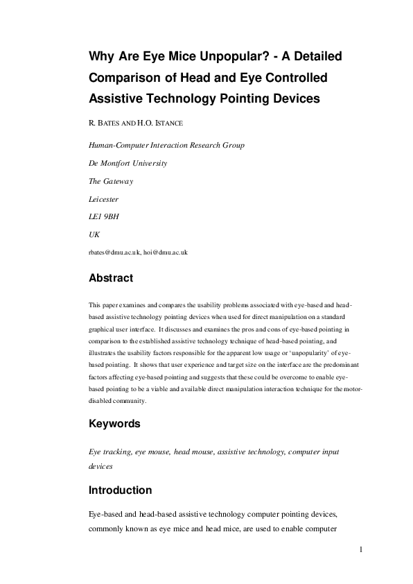 (PDF) Why are eye mice unpopular? A detailed comparison of head and eye ...