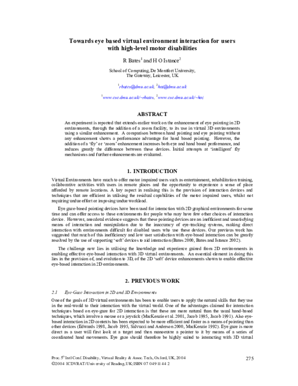 (PDF) Towards eye based virtual environment interaction for users with high-level motor ...