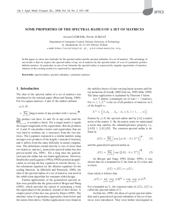 (PDF) Some Properties of the Spectral Radius of a Set of Matrices