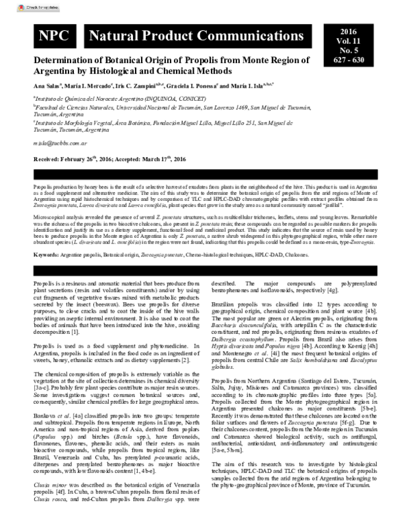 (PDF) Determination of Botanical Origin of Propolis from Monte Region of Argentina by ...