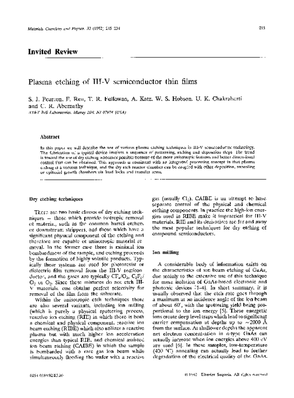 (PDF) Plasma etching of III–V semiconductor thin films